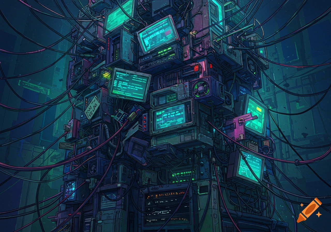 Stylized illustration of a towering stack of computers and wires. on ...