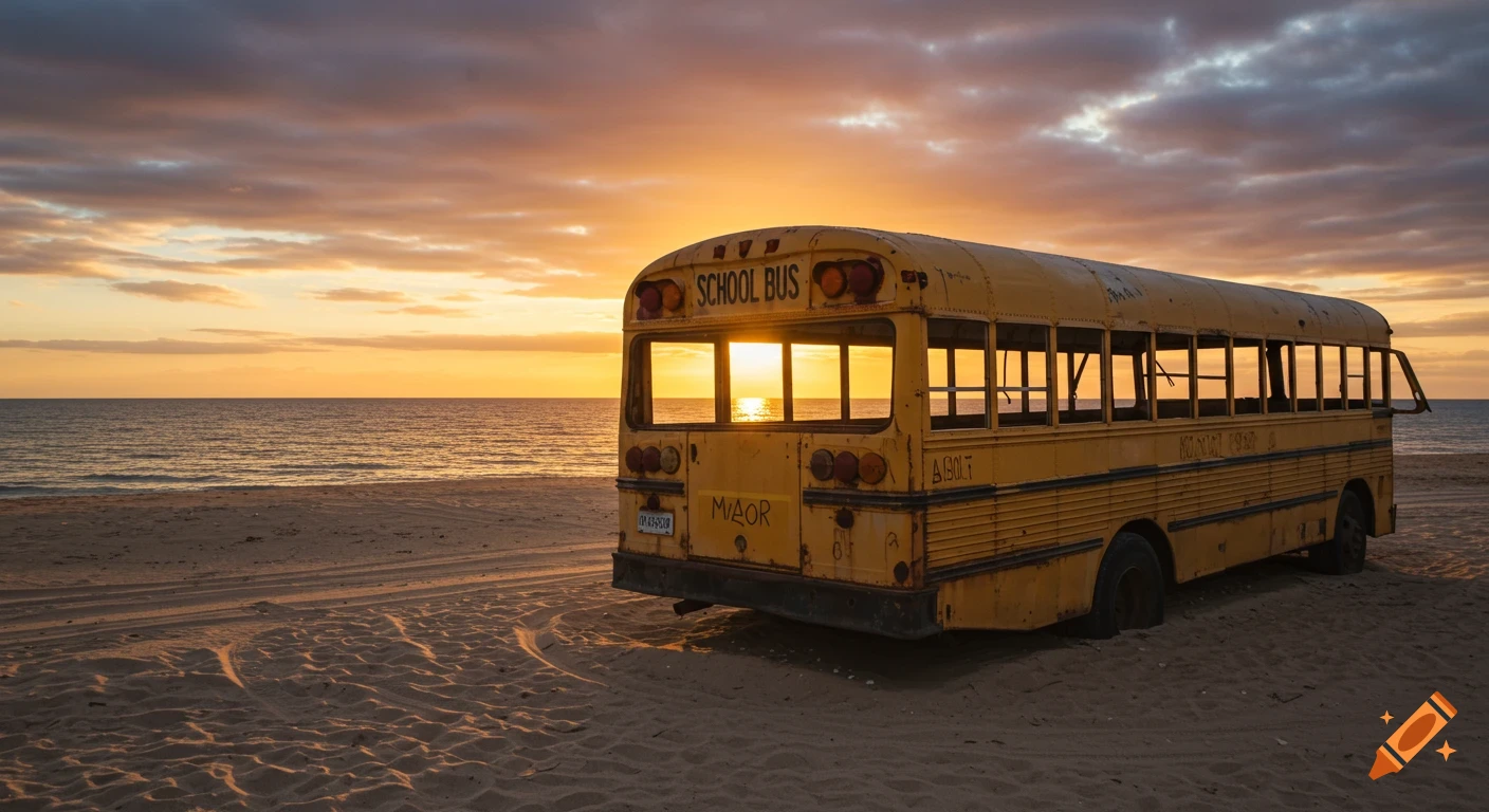 An old yellow school bus sits on a beach at sunset. on Craiyon