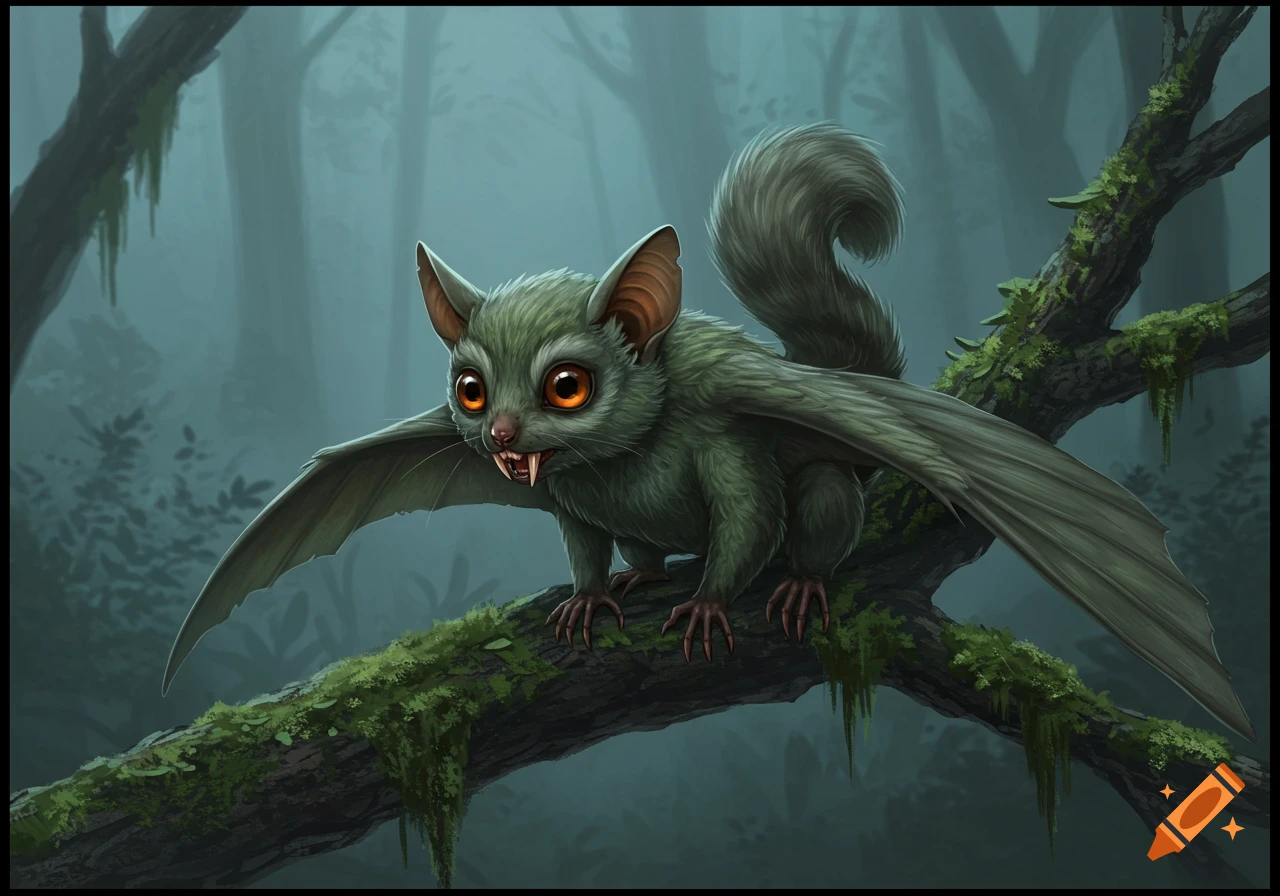 A bat-like squirrel creature with large wings and glowing eyes sits on ...