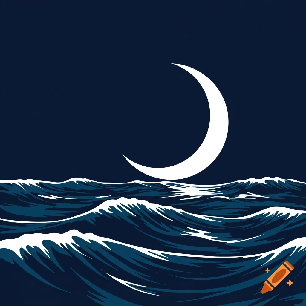 A white crescent moon hangs over dark blue, stylized waves. on Craiyon