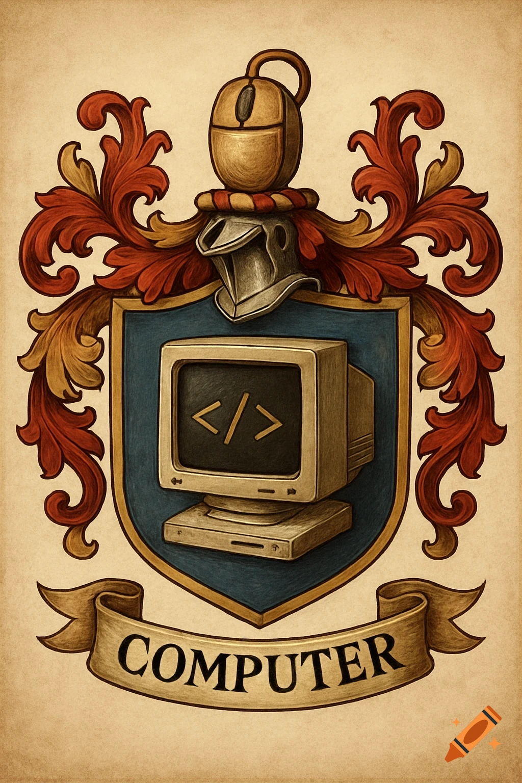 A coat of arms featuring a vintage computer, keyboard, and mouse, with ...