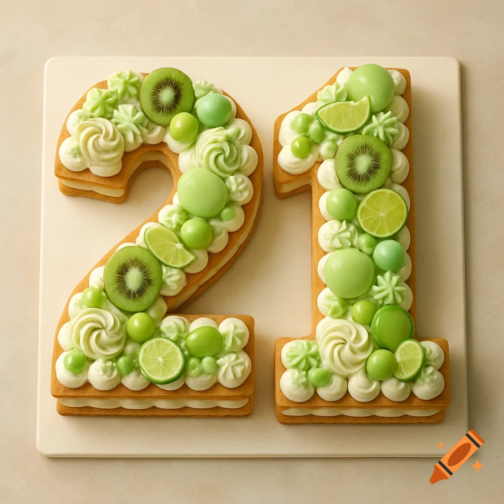A number 21 birthday cake decorated with white cream swirls, kiwi ...