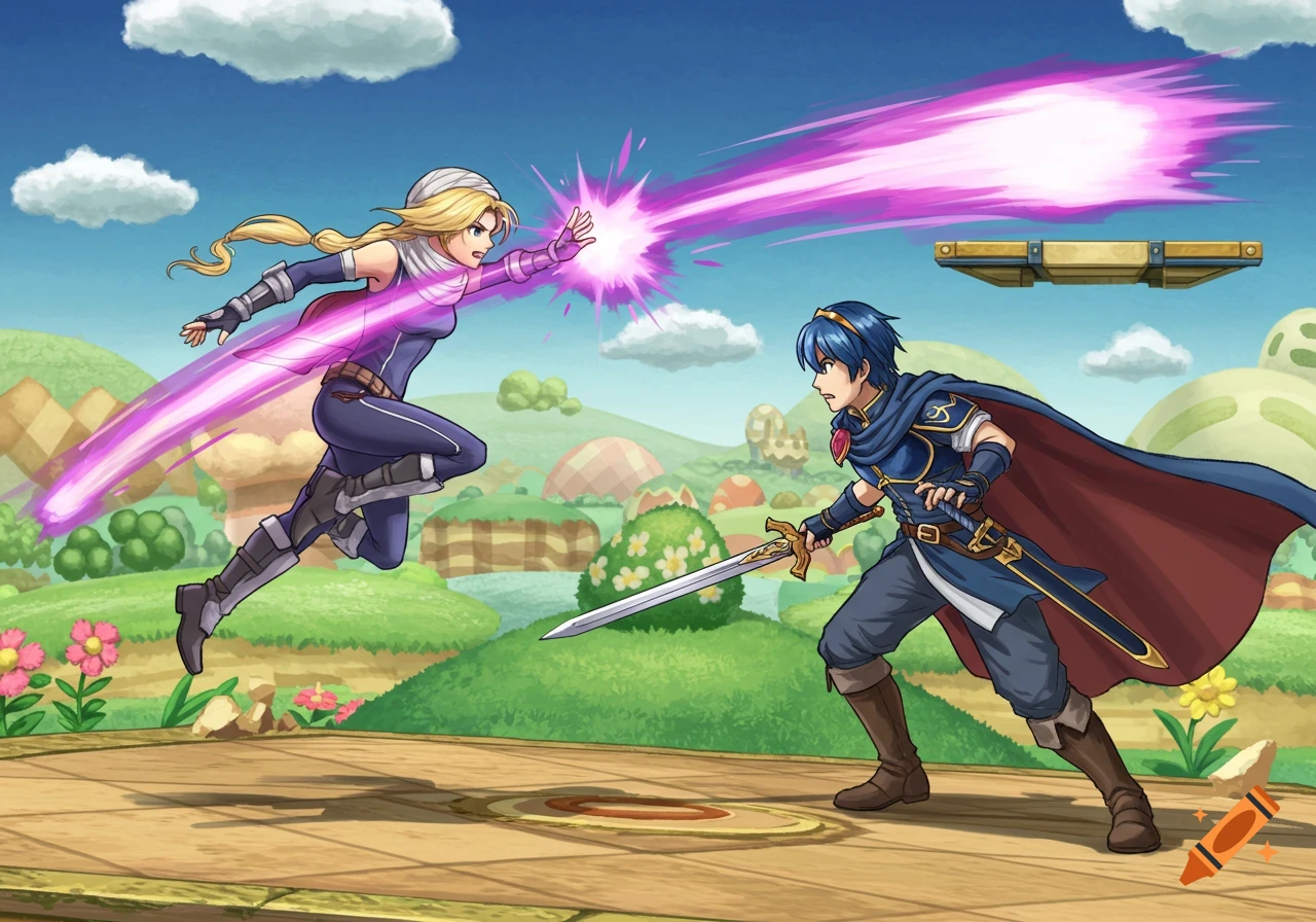 Sheik attacks Marth on the Dream Land stage in the style of Super Smash ...