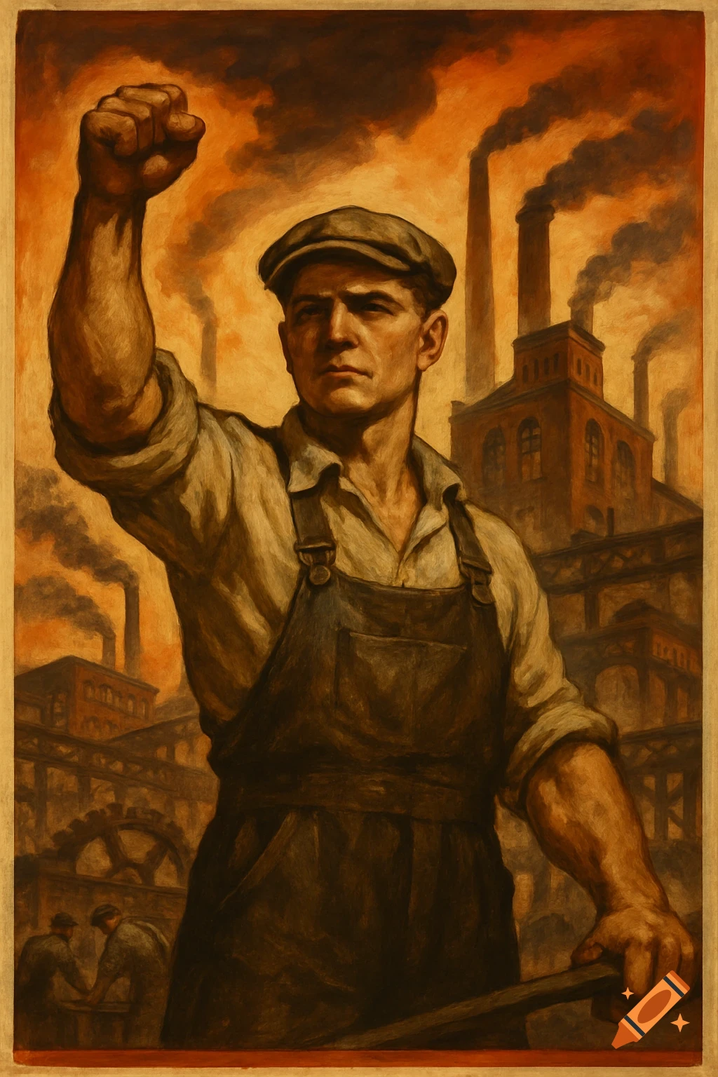 Vintage propaganda painting of a worker raising a fist in front of a ...
