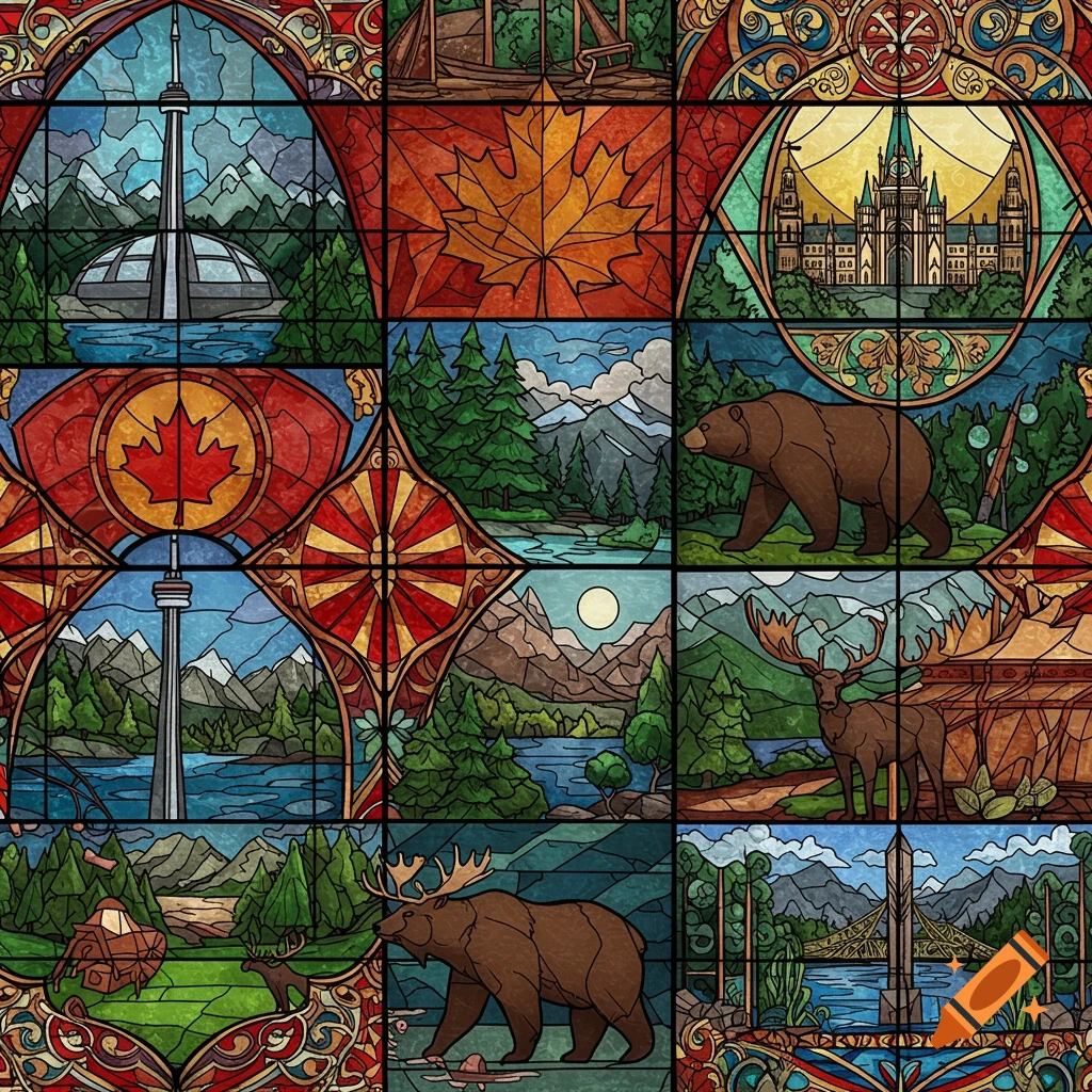 Seamless stained glass pattern featuring Canadian themes: CN Tower ...