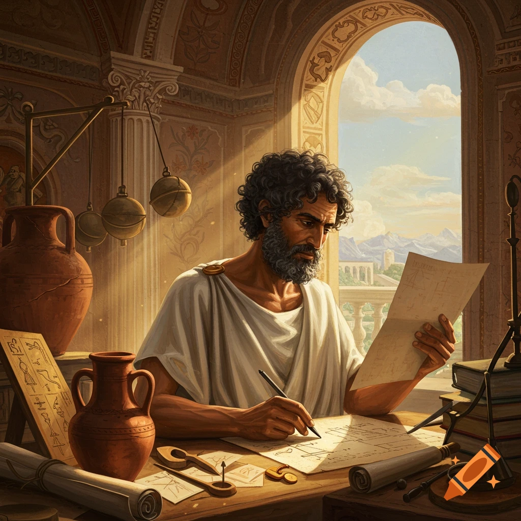 Greek man in toga studies documents at a desk in a sunlit room with ...