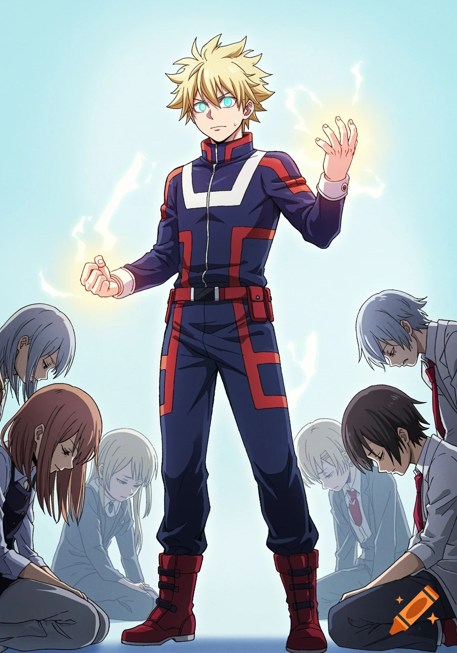 Anime character radiating energy stands over kneeling figures. on Craiyon