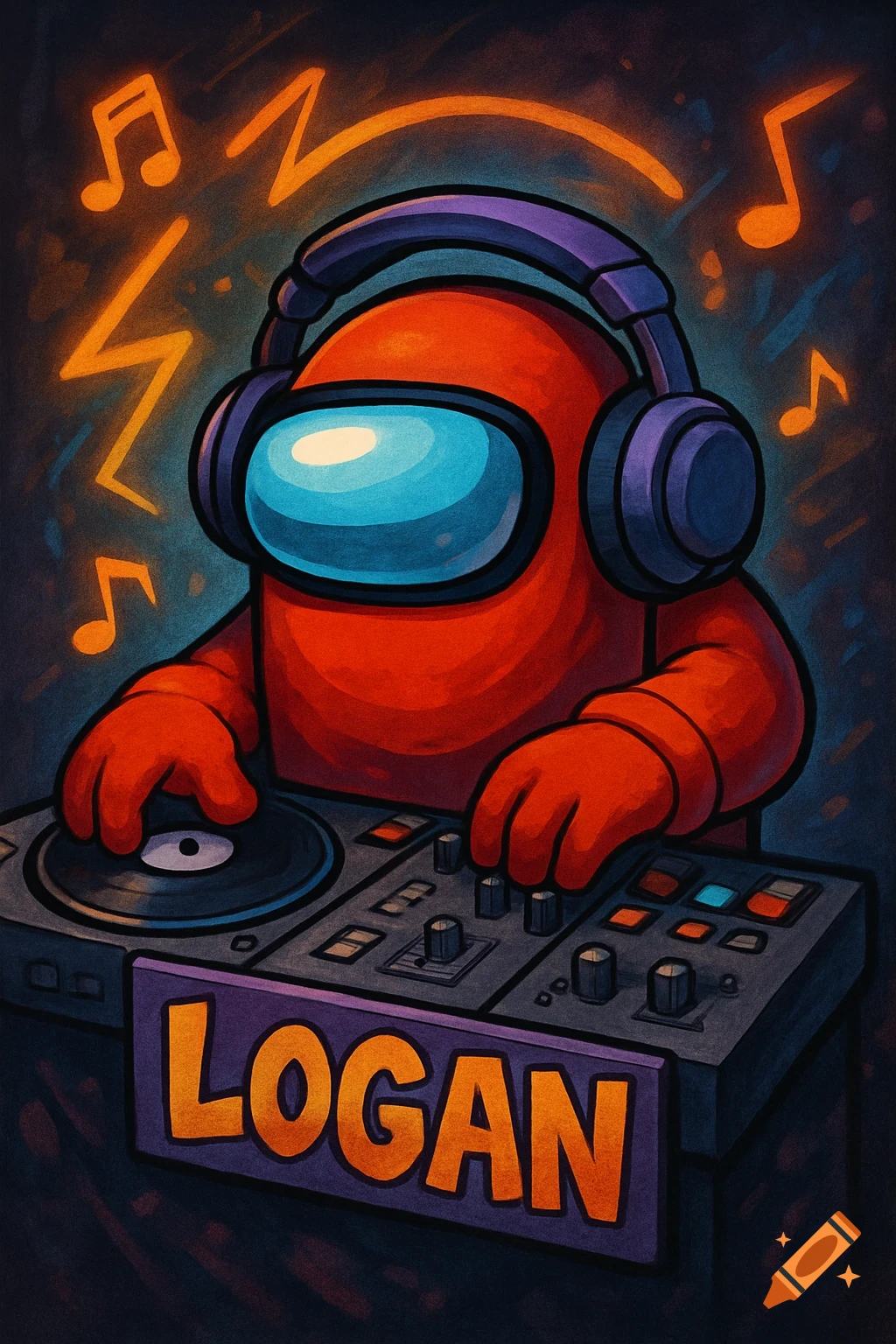 Red Among Us character wearing headphones and DJing with the name LOGAN ...