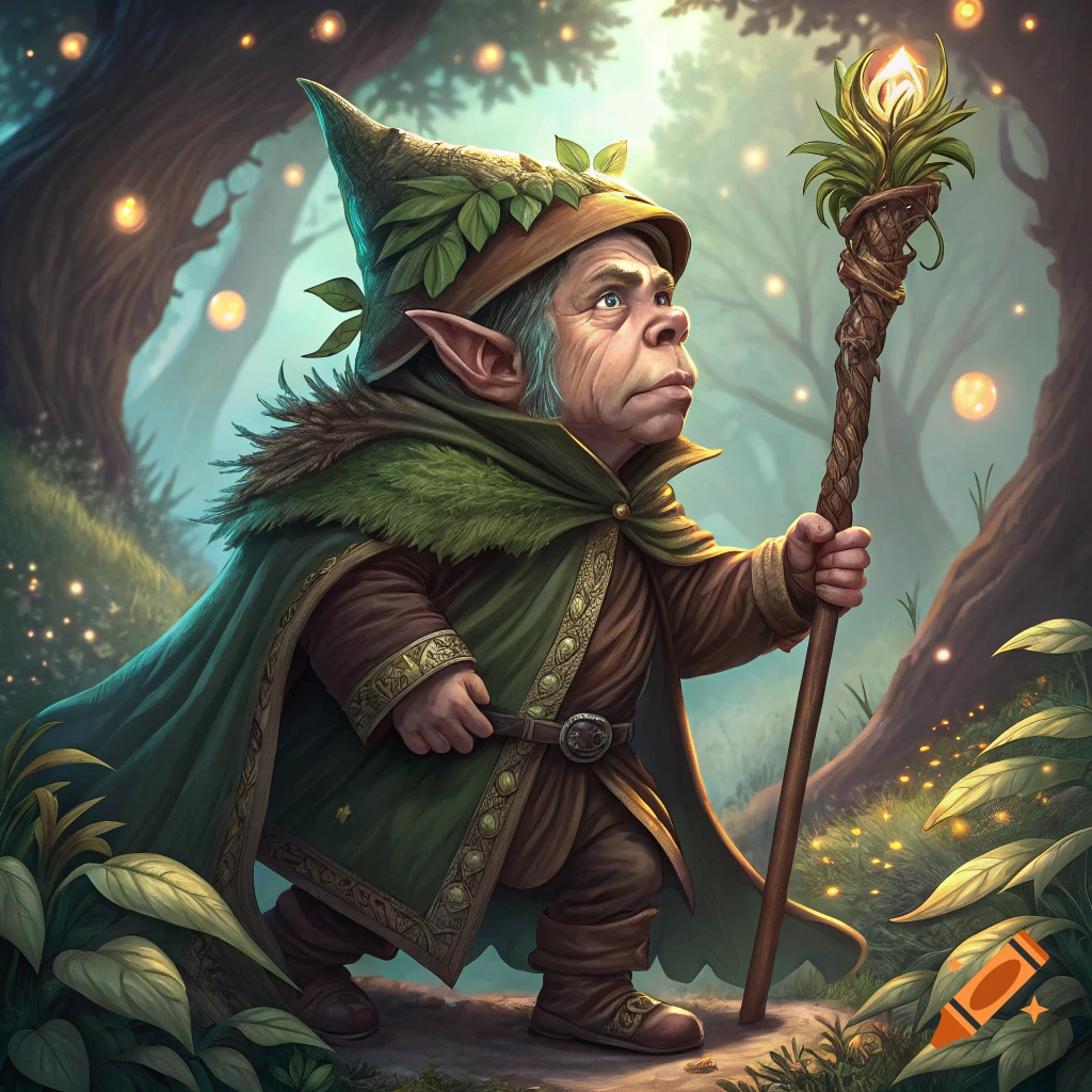 A fantasy illustration of a forest gnome druid walking in a glowing ...