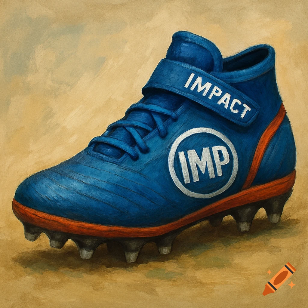 Blue soccer cleat with 'IMPACT' text and 'IMP' logo in a painterly style. on Craiyon