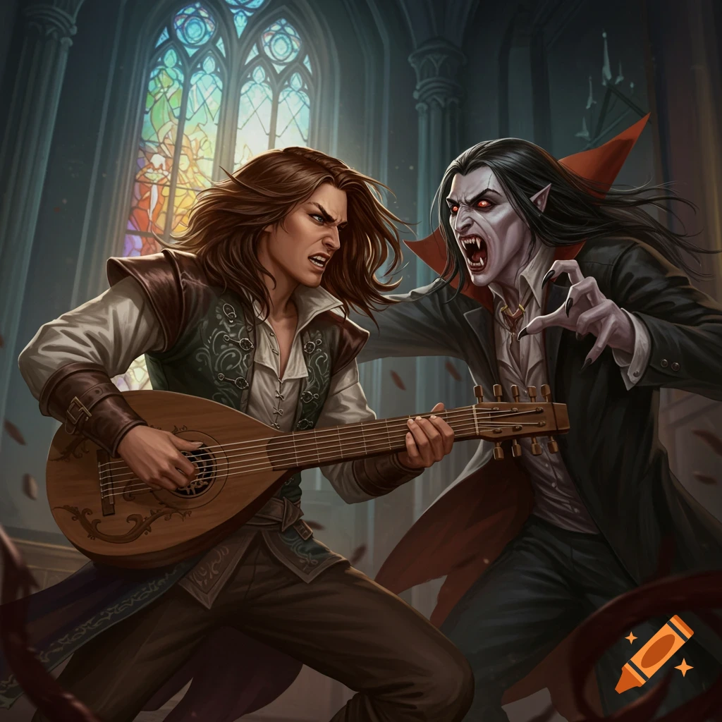 A bard plays a lute facing off against an attacking vampire in a gothic ...