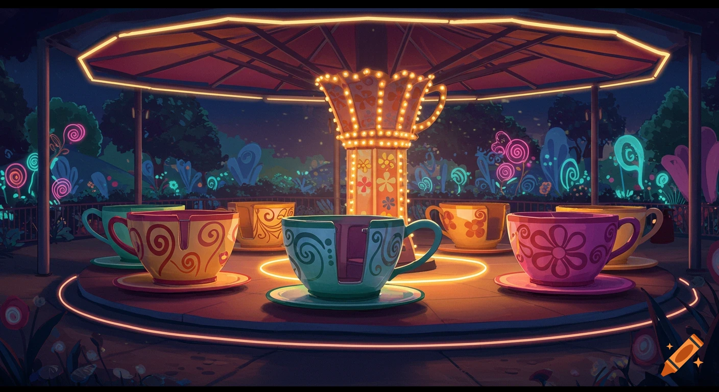 A colorful, stylized teacup ride at night in a whimsical amusement park ...