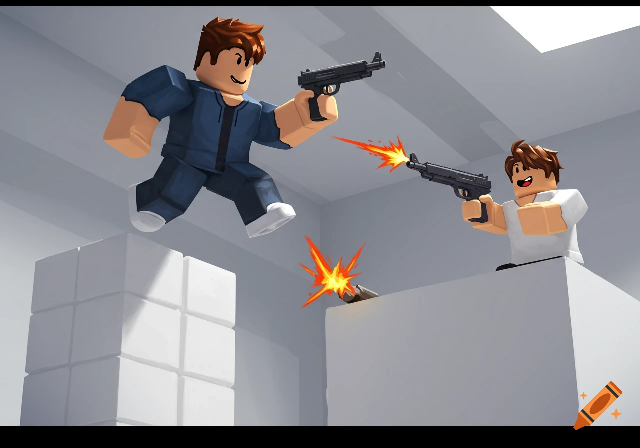 Two Roblox characters with guns shoot at each other across blocks. on ...