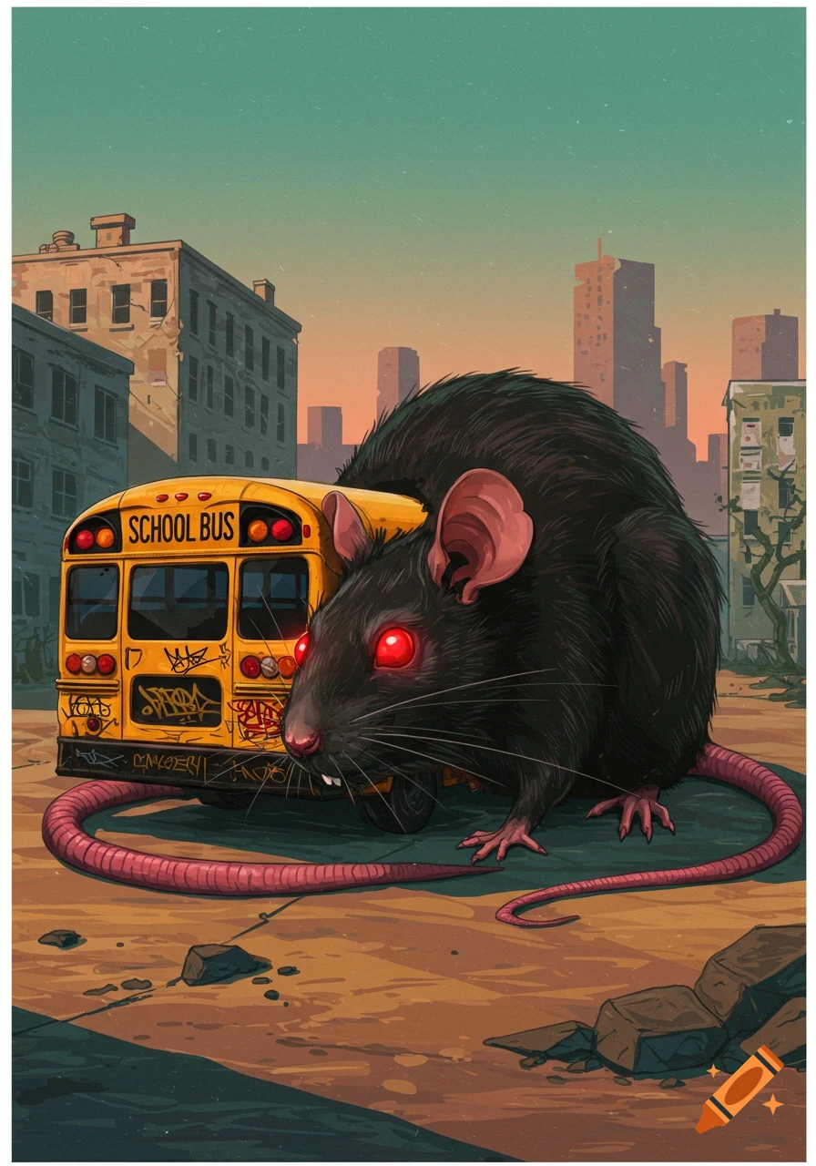 Giant rat beside a school bus in a city street, illustration on Craiyon