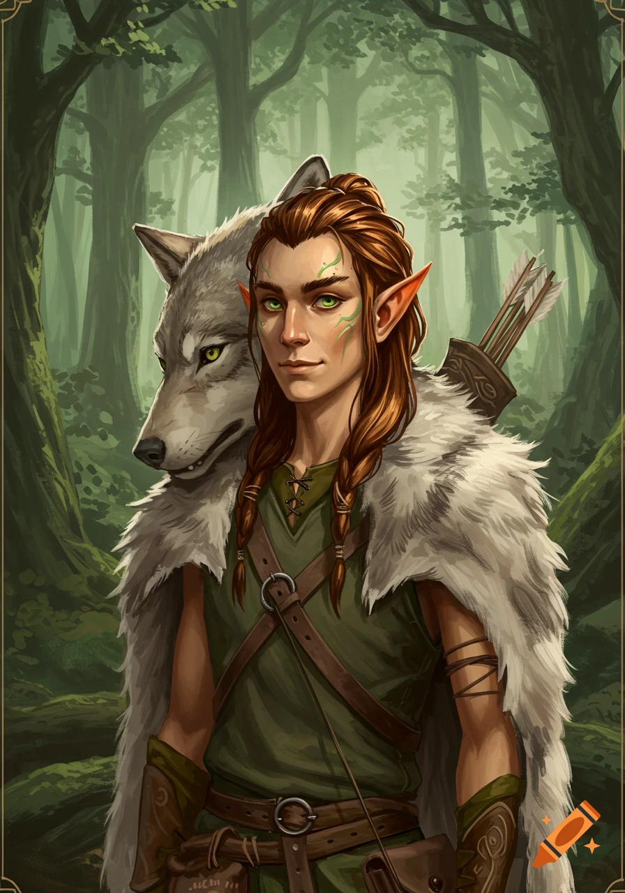 A wood elf character with a wolf behind them, wearing a wolf pelt in a ...