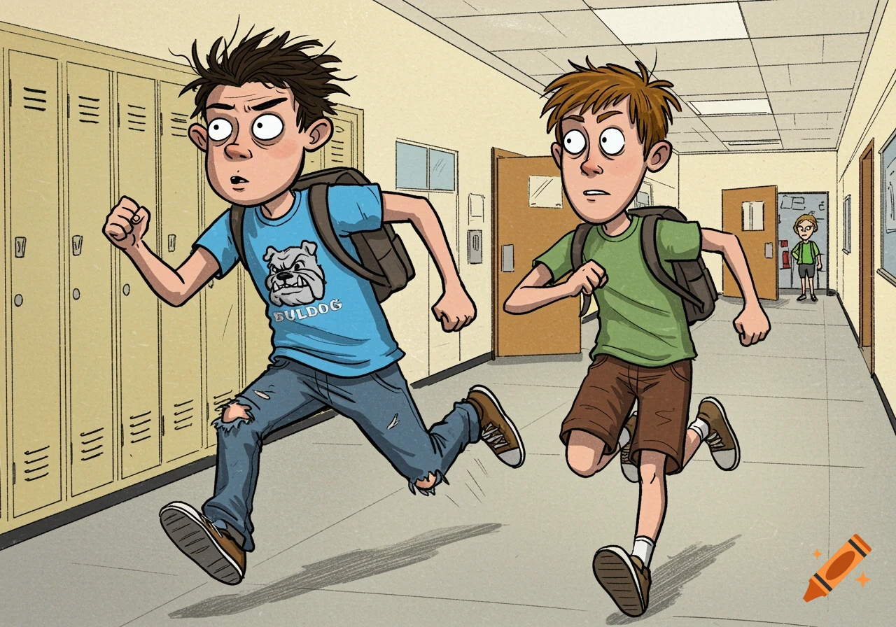 Cartoon illustration of two boys running through a school hallway. on ...