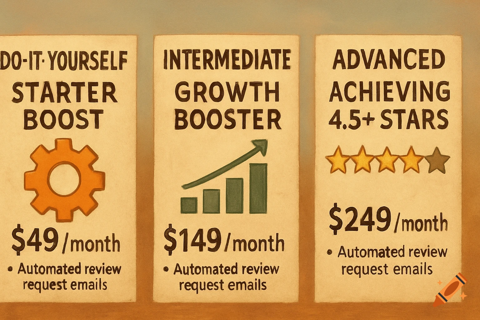 Three pricing tiers for a service: Starter Boost $49, Growth Booster ...