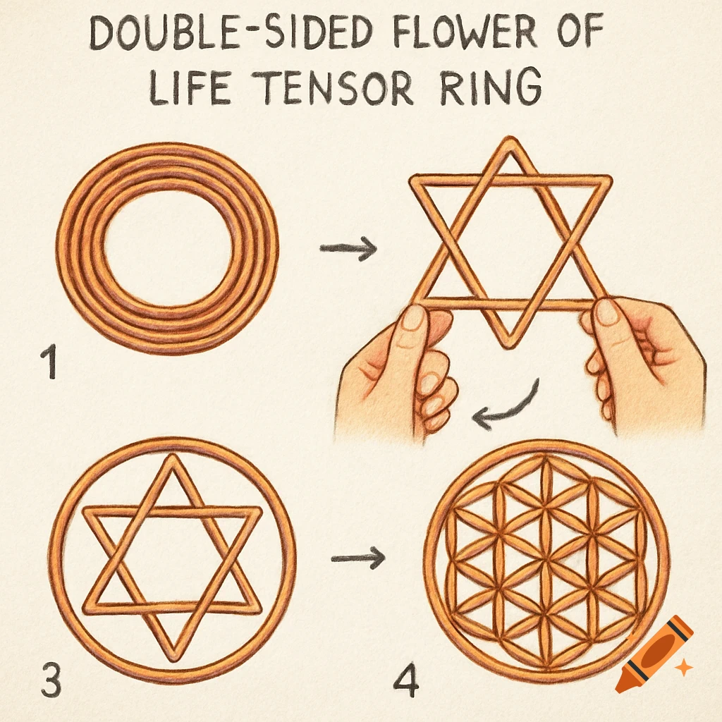 Diagram showing four steps to make a Double-Sided Flower of Life Tensor ...