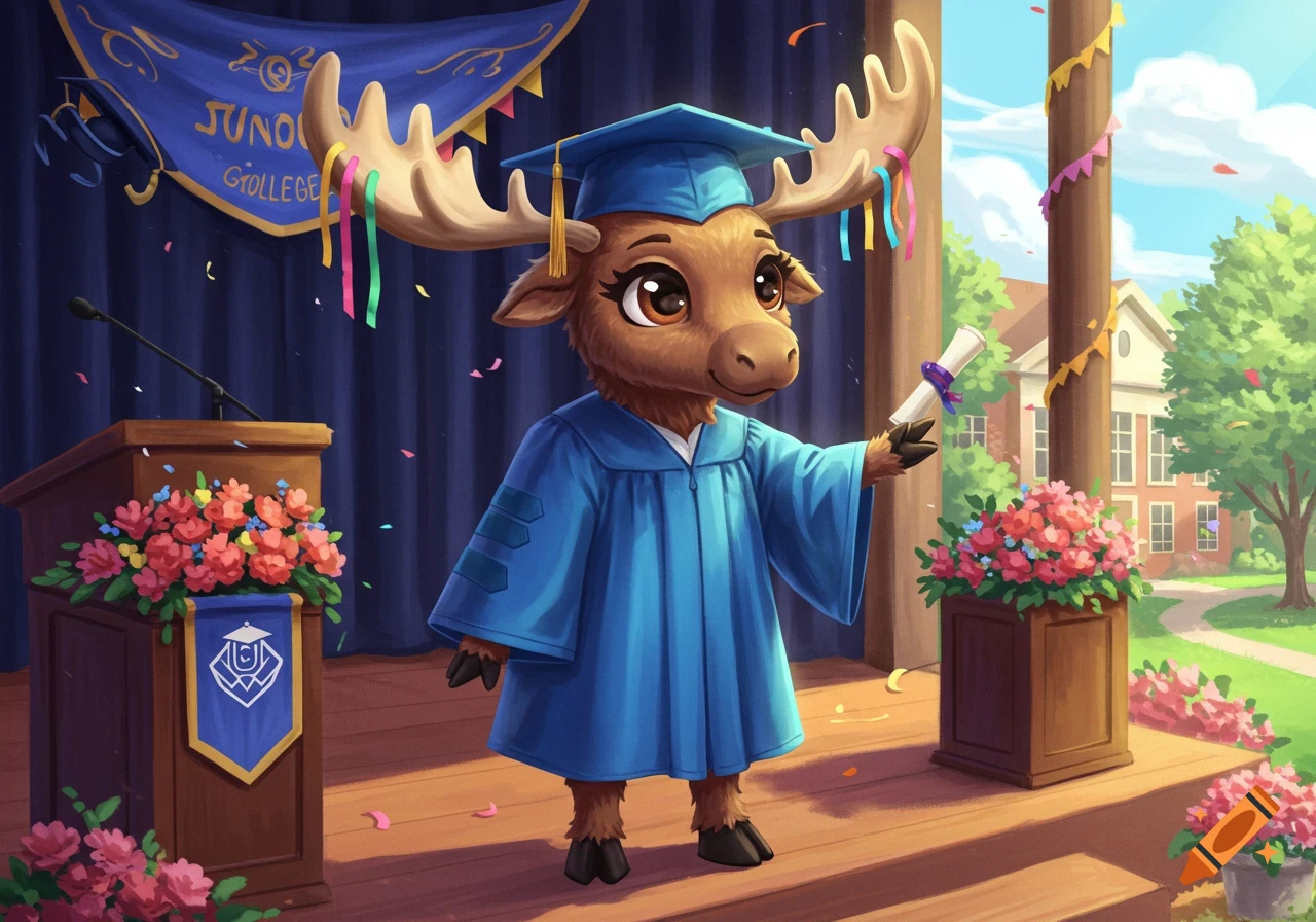 Cute cartoon moose in blue graduation robe holding diploma at a ...