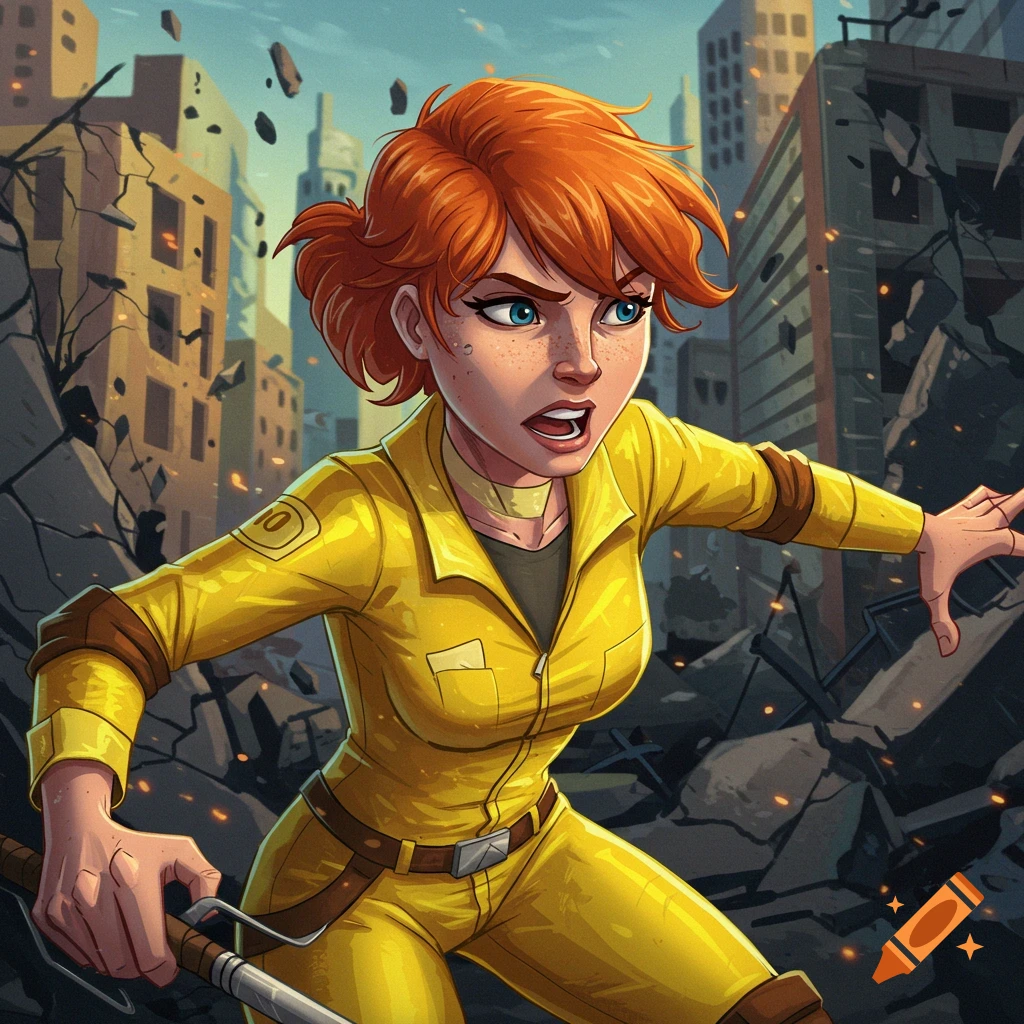 April O'Neil in a yellow jumpsuit runs through a destroyed city in a ...