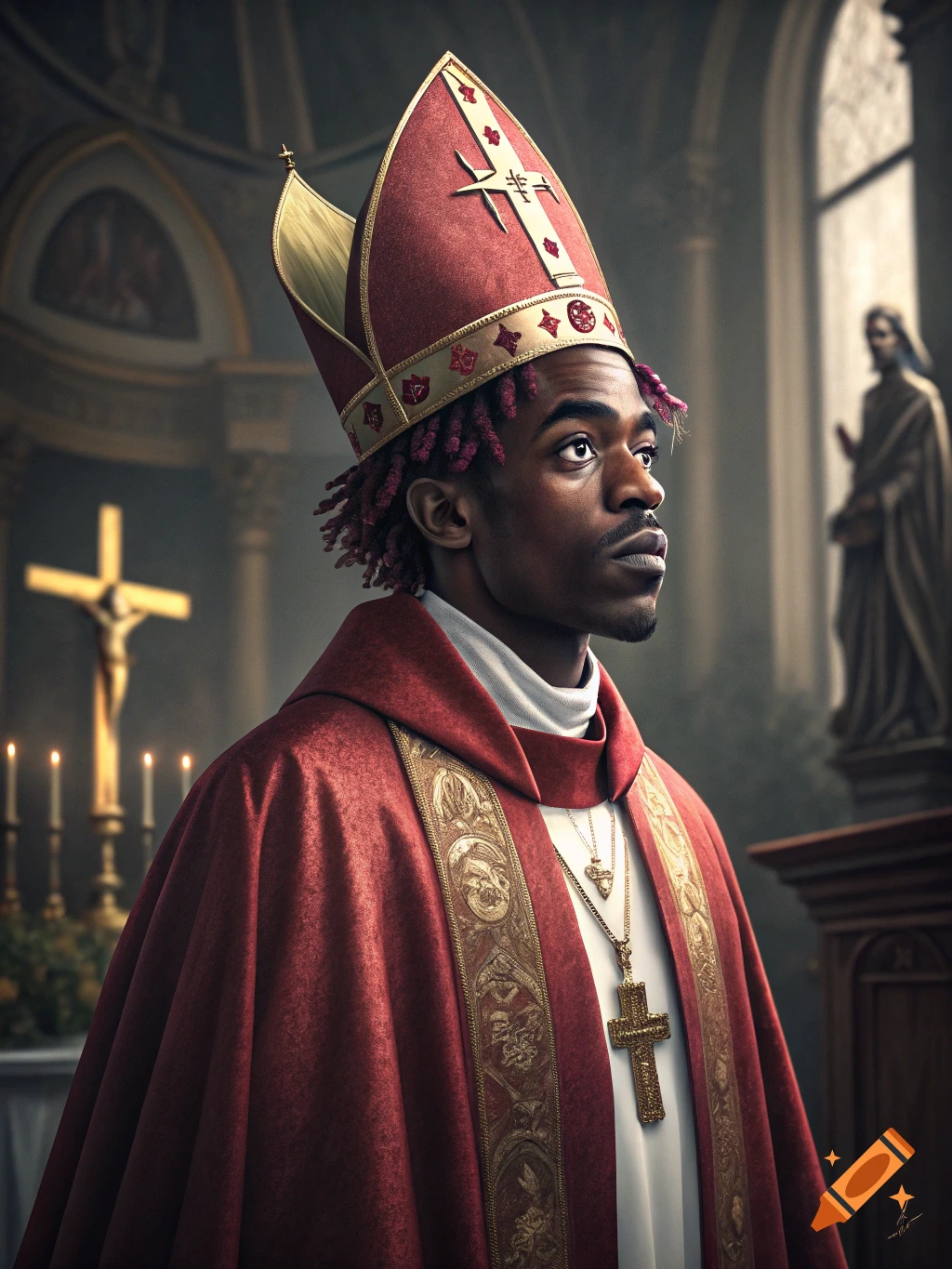 A man with dreadlocks wearing a red Pope's robe and mitre stands in a ...