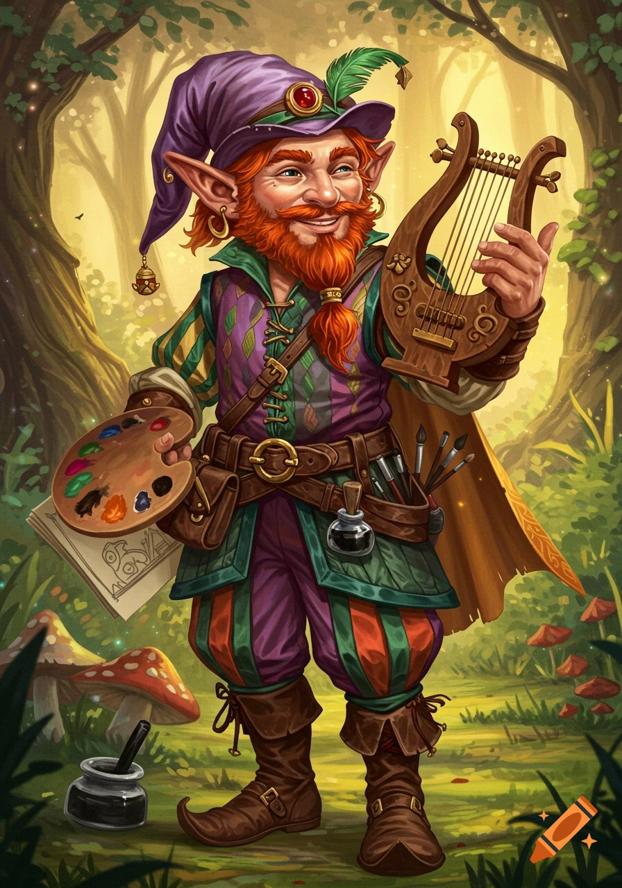 Fantasy gnome bard artist holds a lyre and palette in a forest. on Craiyon