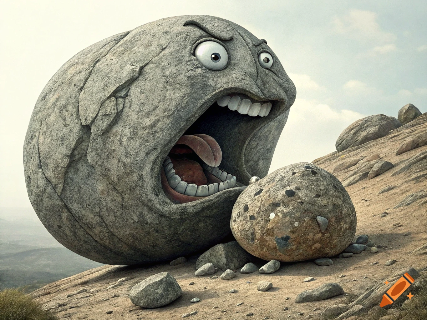 A large rock with a wide-open cartoon face appears to eat a smaller ...