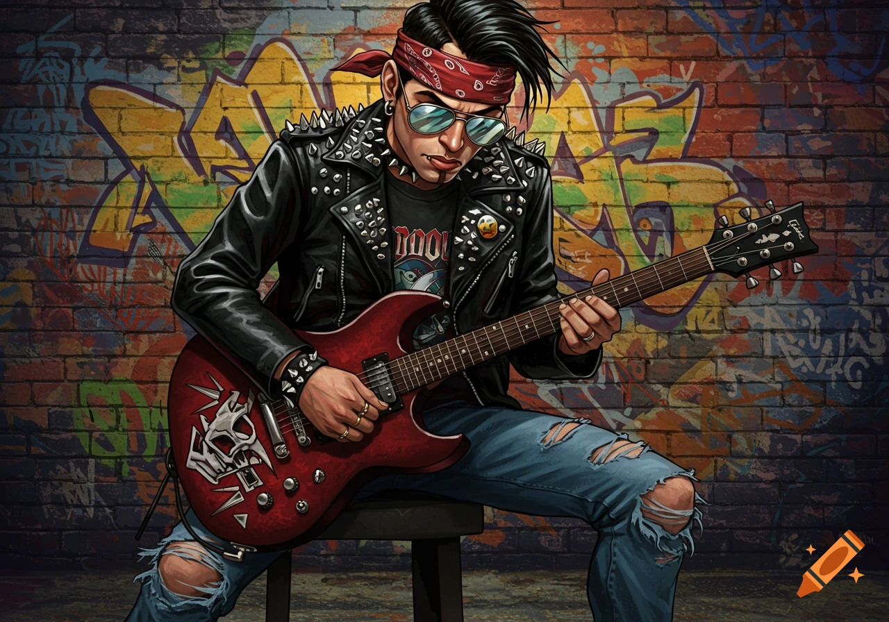 A punk rock person plays a red electric guitar in front of a graffiti ...