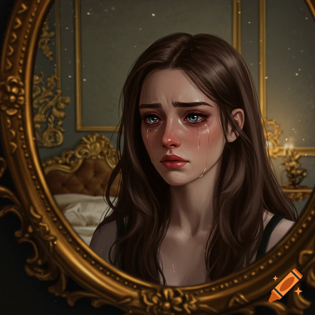 Digital painting of a crying woman looking at her reflection in an ornate gold mirror. on Craiyon