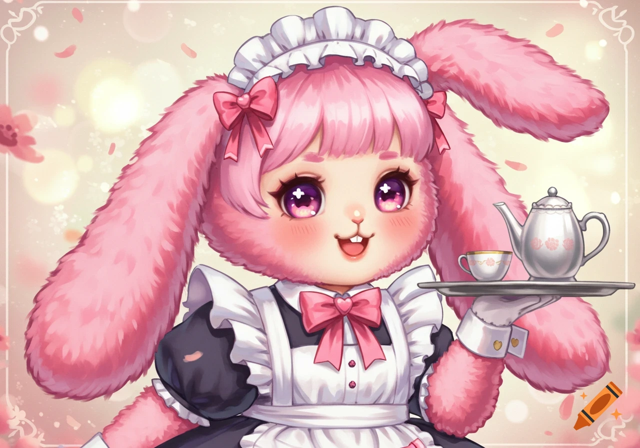 Cute pink bunny character in a maid outfit holding a tea set on a tray ...