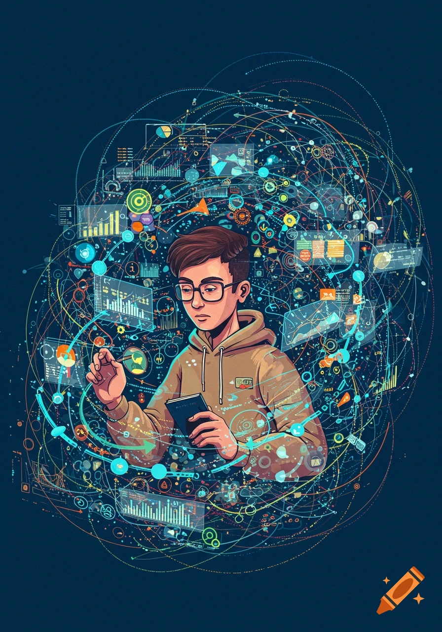 Illustration of a person surrounded by glowing data visualizations ...