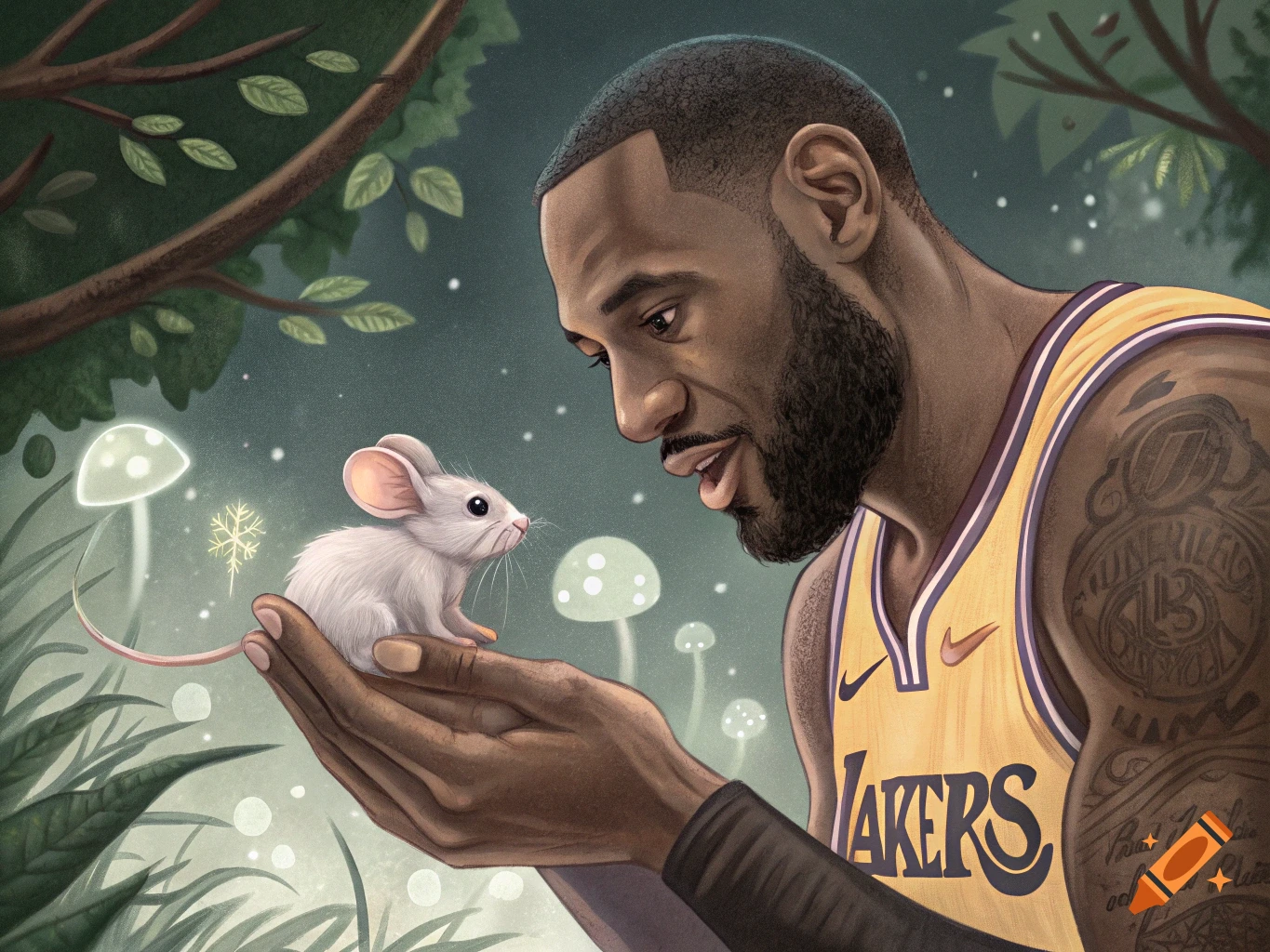 Illustration of LeBron James holding a mouse in a forest with glowing ...