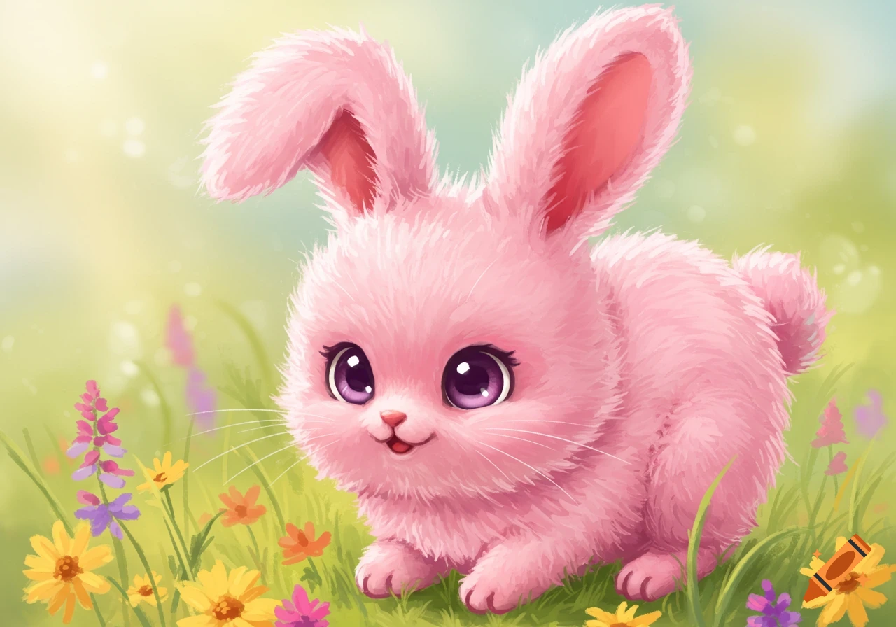 Cute pink fluffy bunny sitting in a field of colorful flowers. on Craiyon