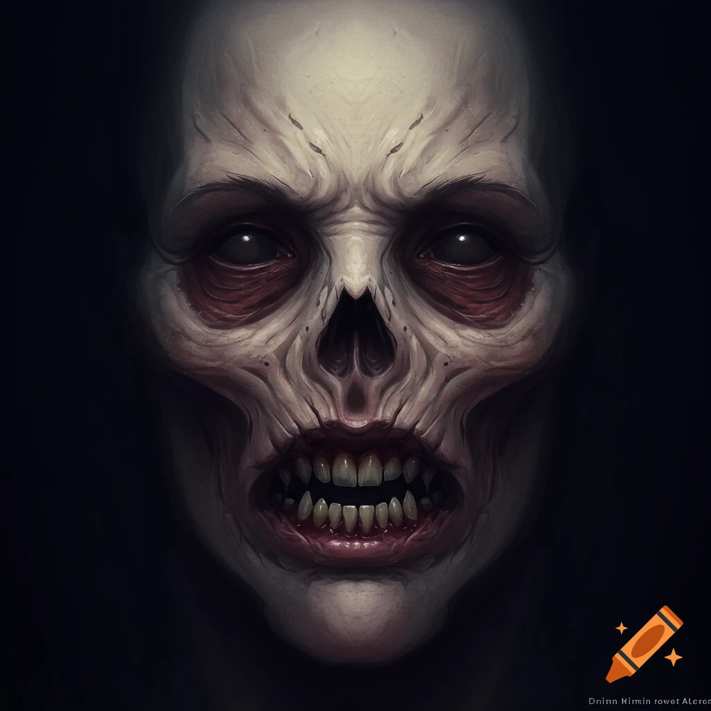 Close-up of a disturbing, skeletal face with sharp teeth and dark eyes ...