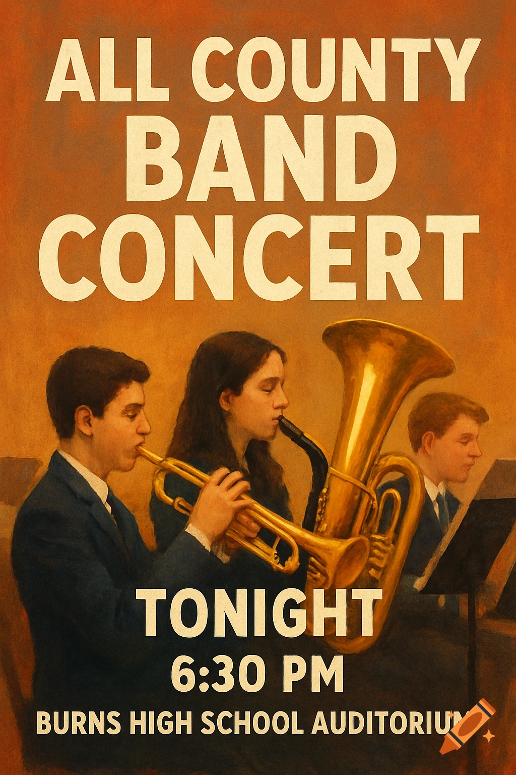 Poster for the All County Band Concert tonight at 6:30 PM at Burns High ...
