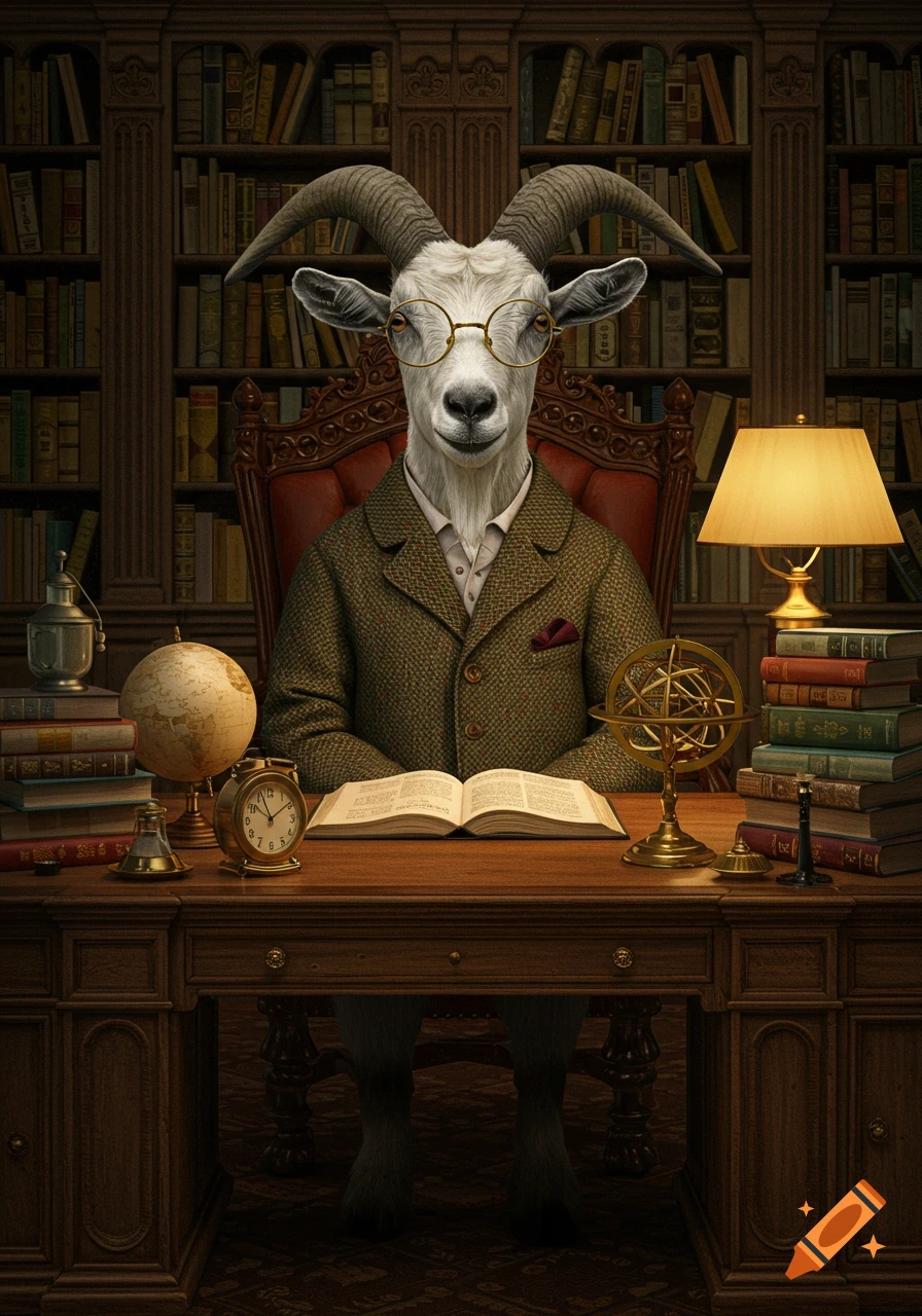 A goat dressed as a professor sits at a desk in a library, reading. on ...