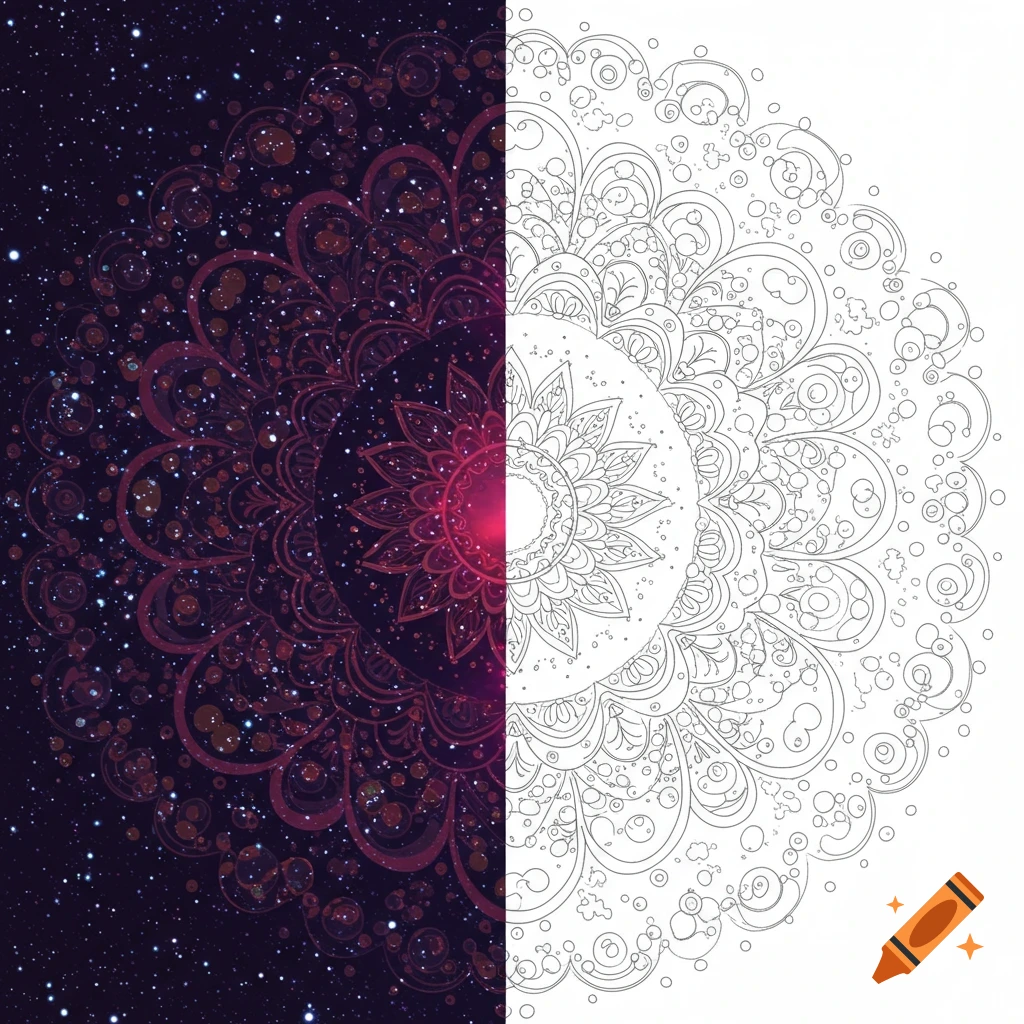 Half colored galaxy mandala, half outline mandala design. on Craiyon