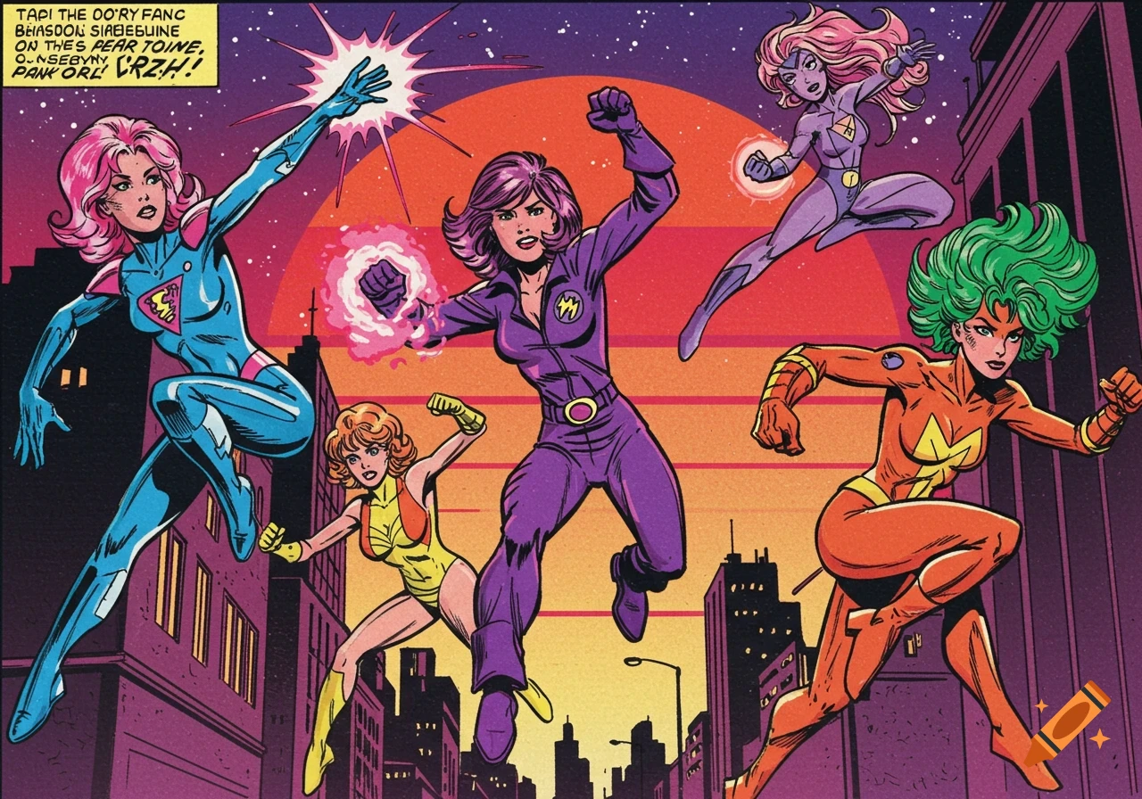 Group of superheroines in dynamic action poses in an 80s comic book ...