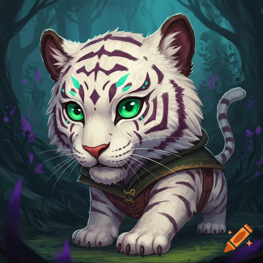 Cute white tiger cub dressed as a rogue in a forest illustration. on ...
