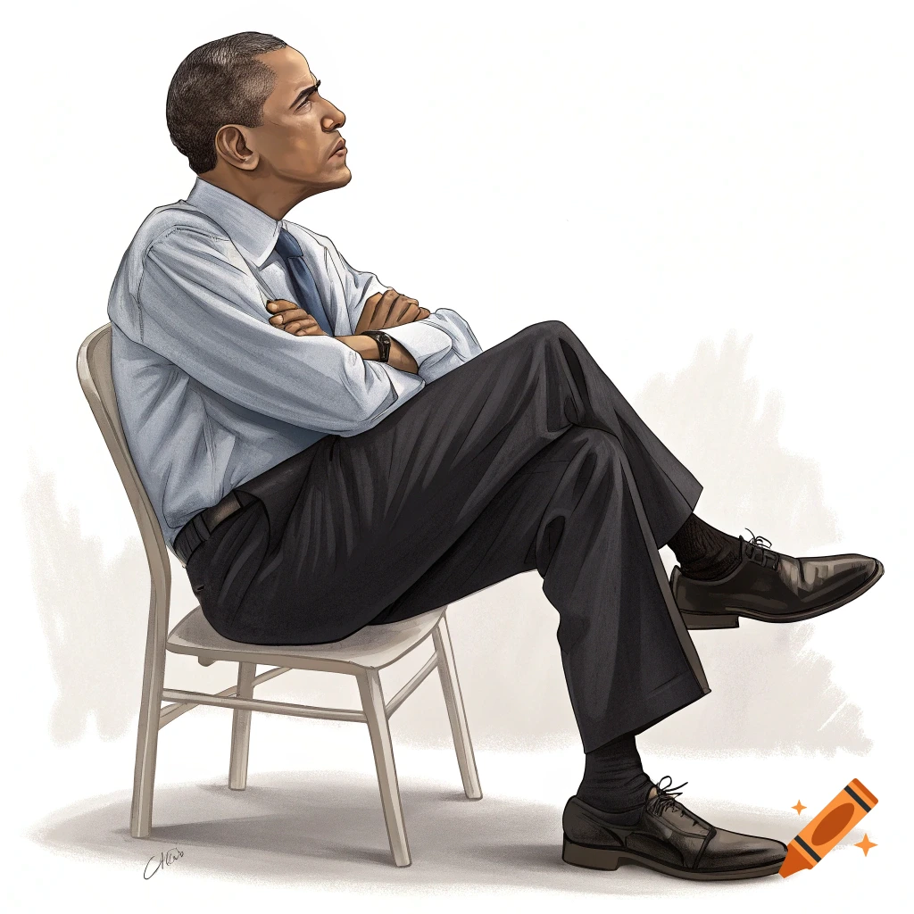 Illustration of Barack Obama sitting on a chair with arms crossed ...