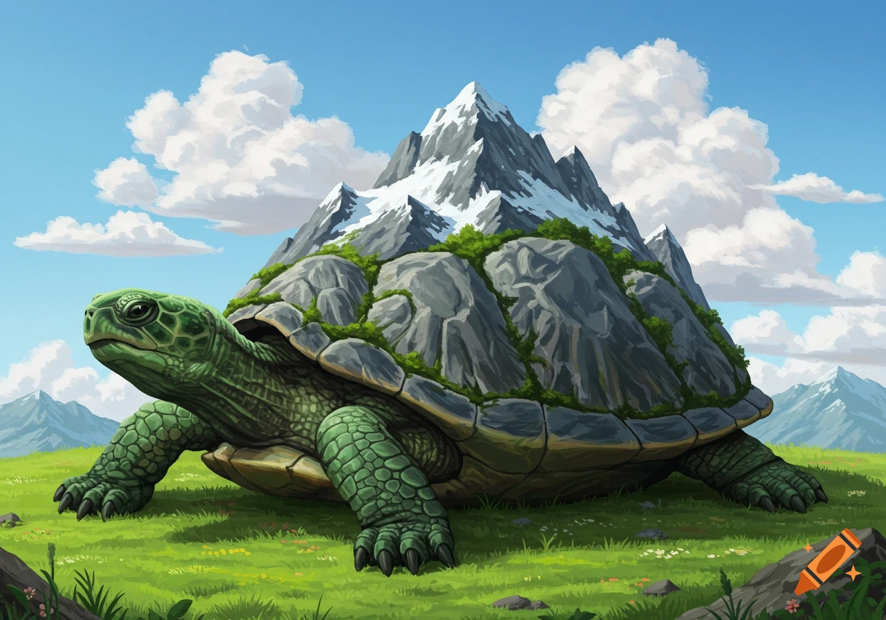 A giant green turtle with a snow-capped mountain on its shell stands in ...