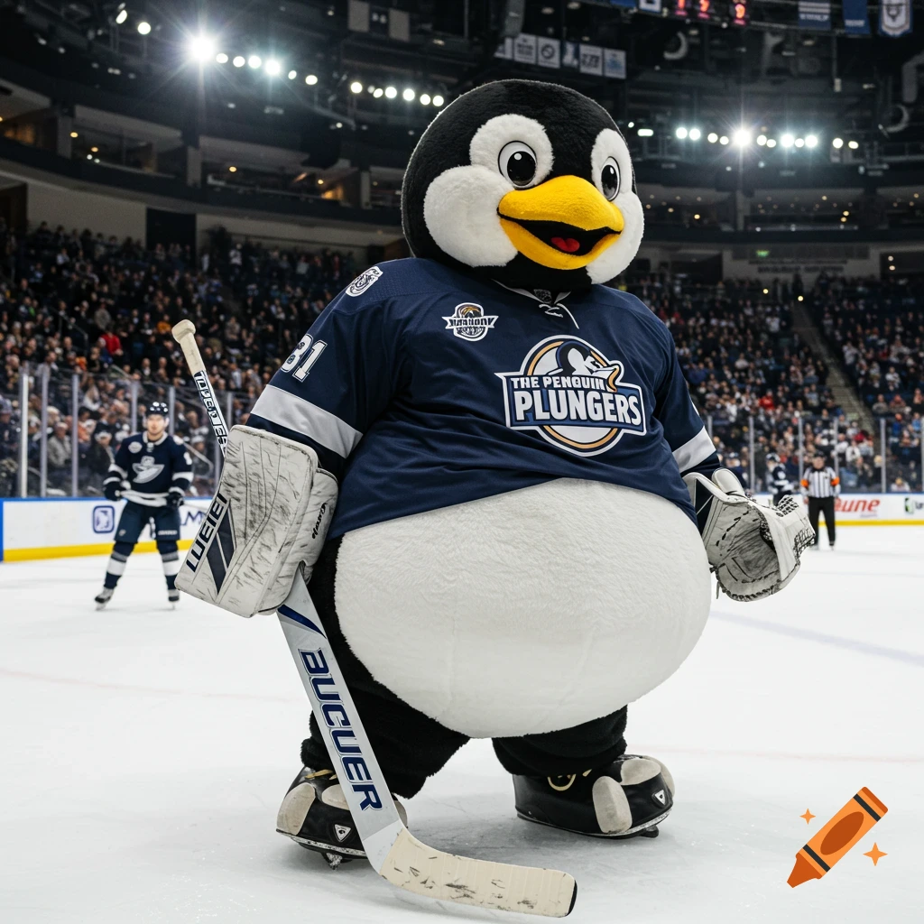 A large penguin hockey mascot in goalie gear stands on an ice rink. on ...