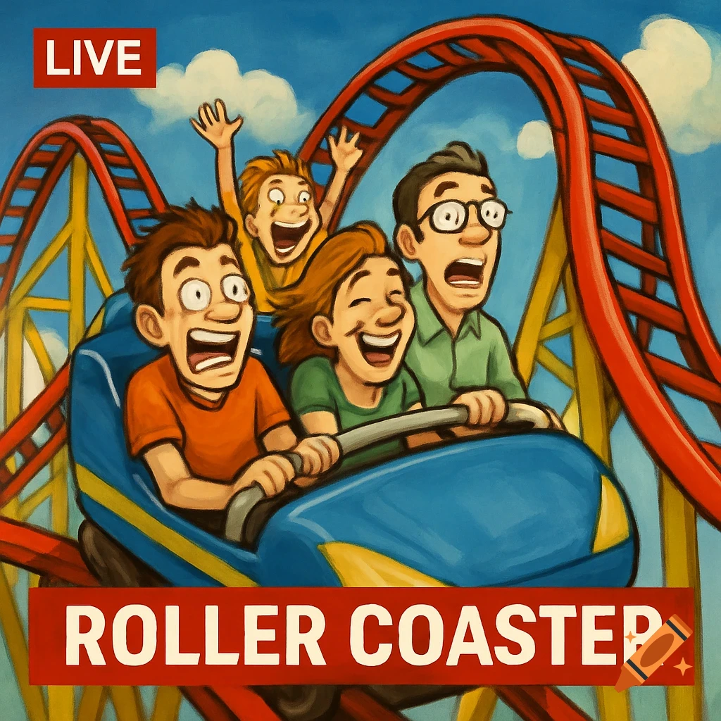 Cartoon illustration of four people with exaggerated expressions riding ...