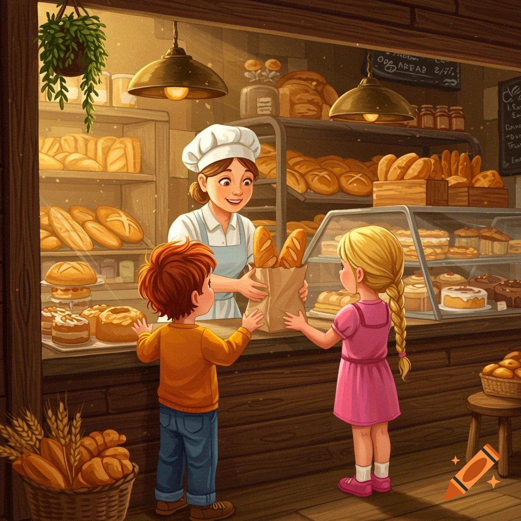 An illustration of a baker giving a bag of bread to two children in a ...