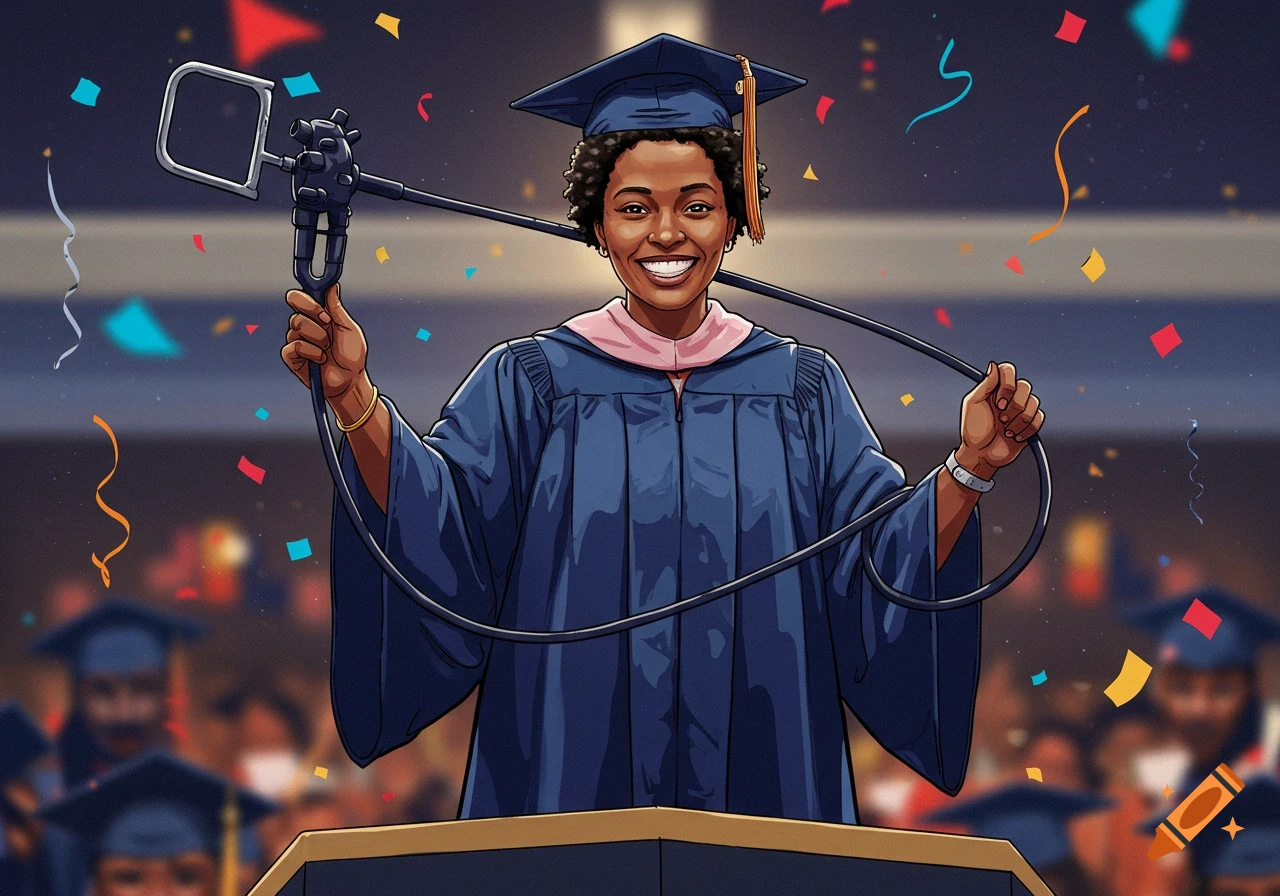 Illustration of a woman in graduation robes holding an object like a ...