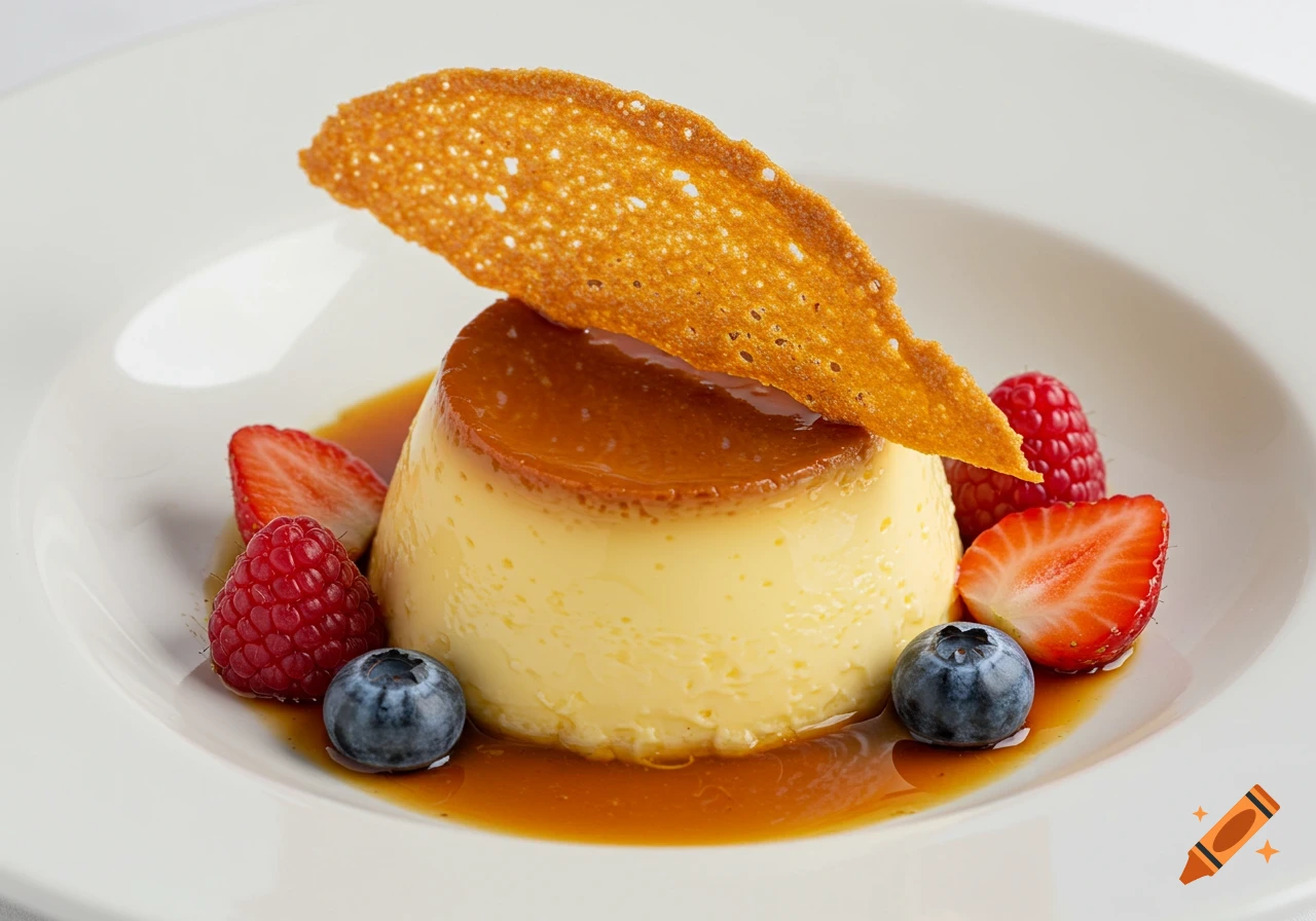 Flan dessert with caramel, berries, and a tuile on a white plate on Craiyon