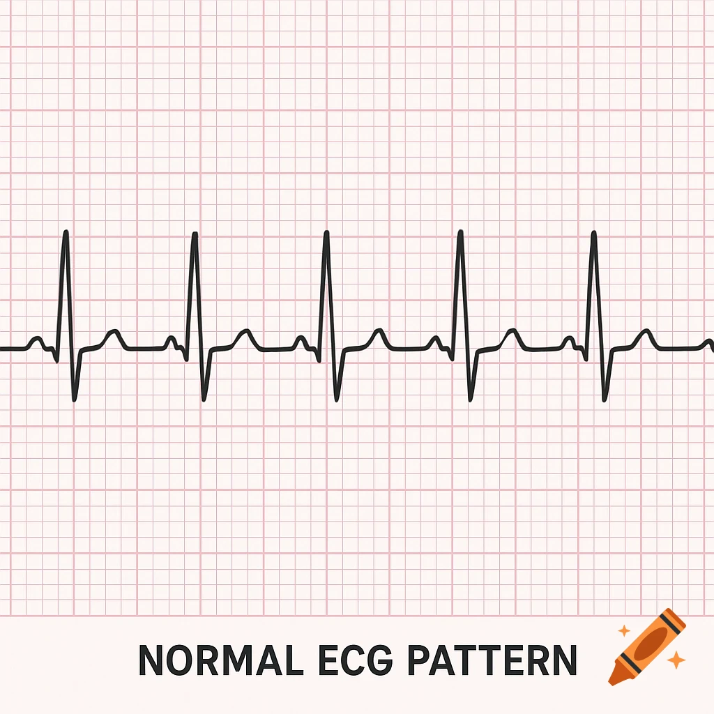 A normal ECG heart pattern on pink grid paper with text below. on Craiyon