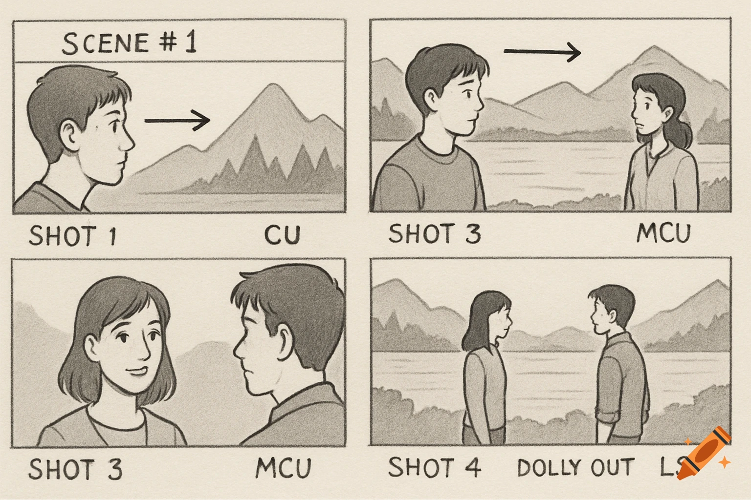 Four-panel storyboard showing characters and landscape with shot labels ...