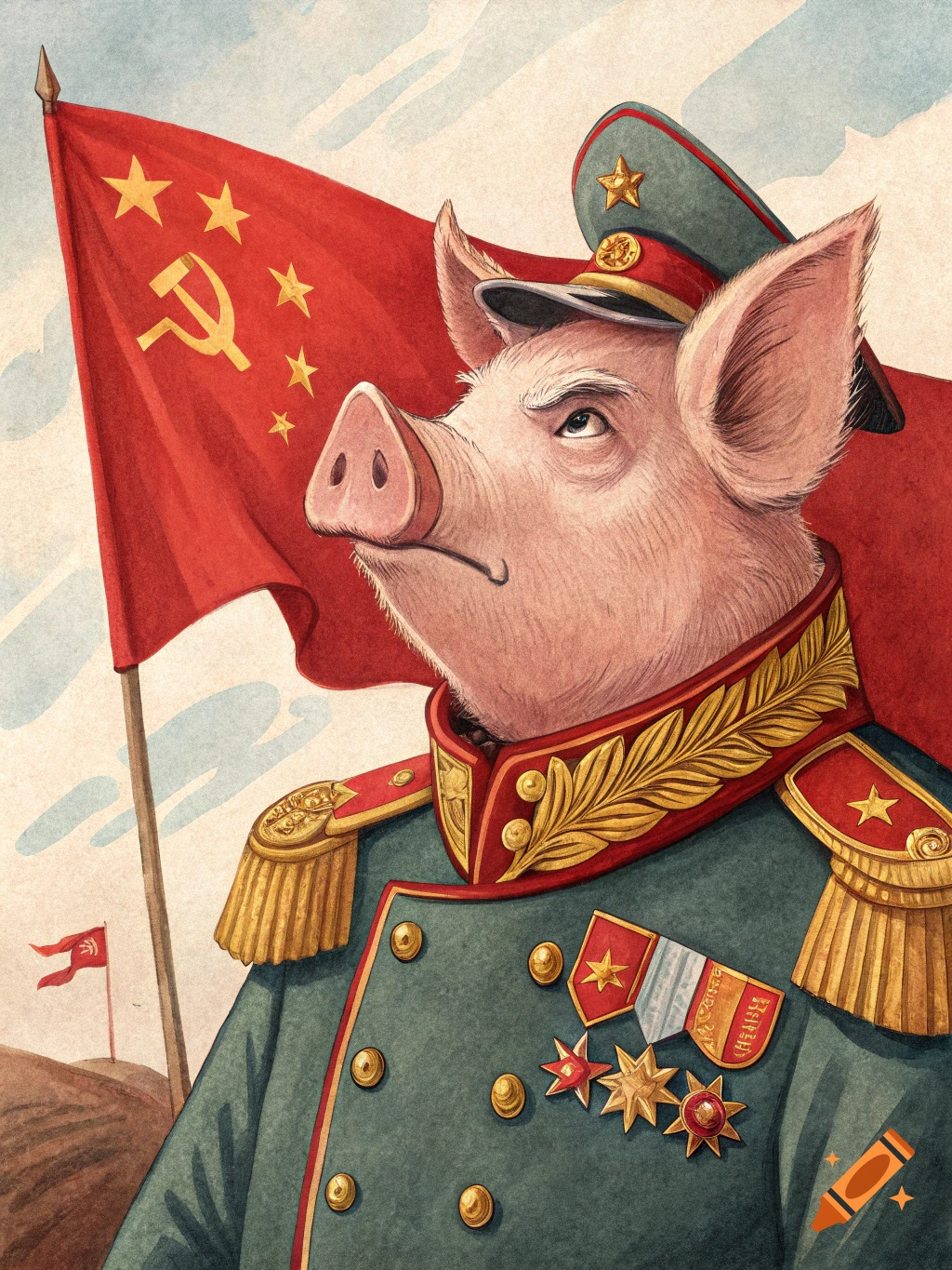 Painting of a pig in a Soviet military uniform with medals, standing in ...