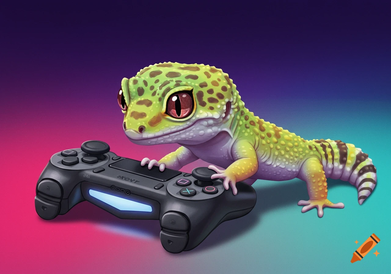 A cute gecko playing with a video game controller on Craiyon